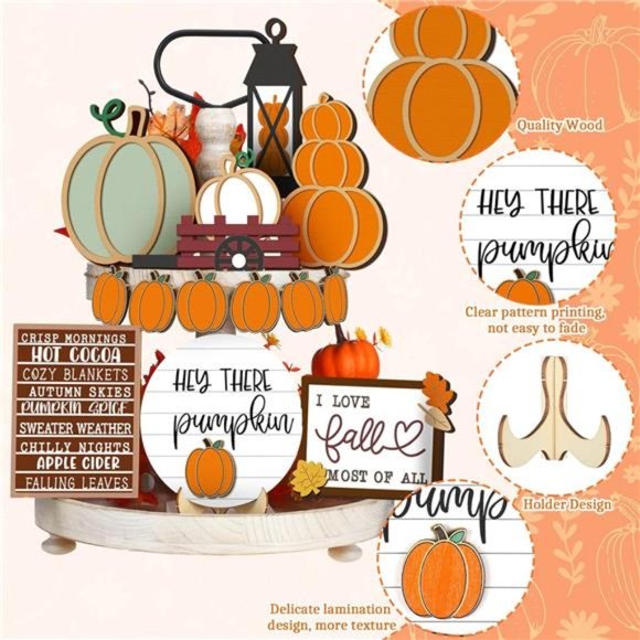 Holiday | 1 Set Fall Tiered Tray Decor Set Autumn Pumpkin Leaves Rustic ...